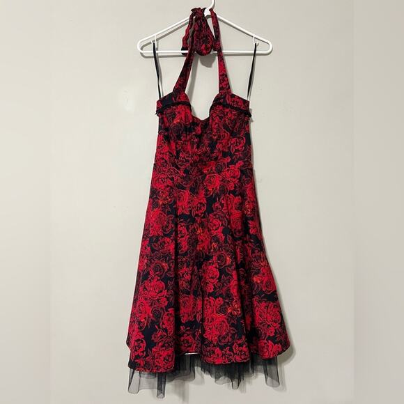 Hot Topic | Dresses | Hot Topic Med Red Black Floral Swing Halter Dress ...